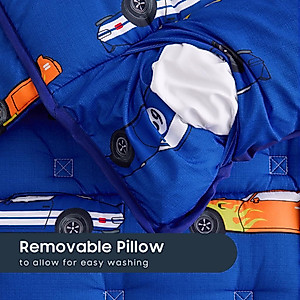 Wake In Cloud - Nap Mat with Removable Pillow for Kids Toddler Boys Girls Daycare Preschool Kindergarten Sleeping Bag, Sports Race Cars Supercars on Blue, 100% Soft Microfiber