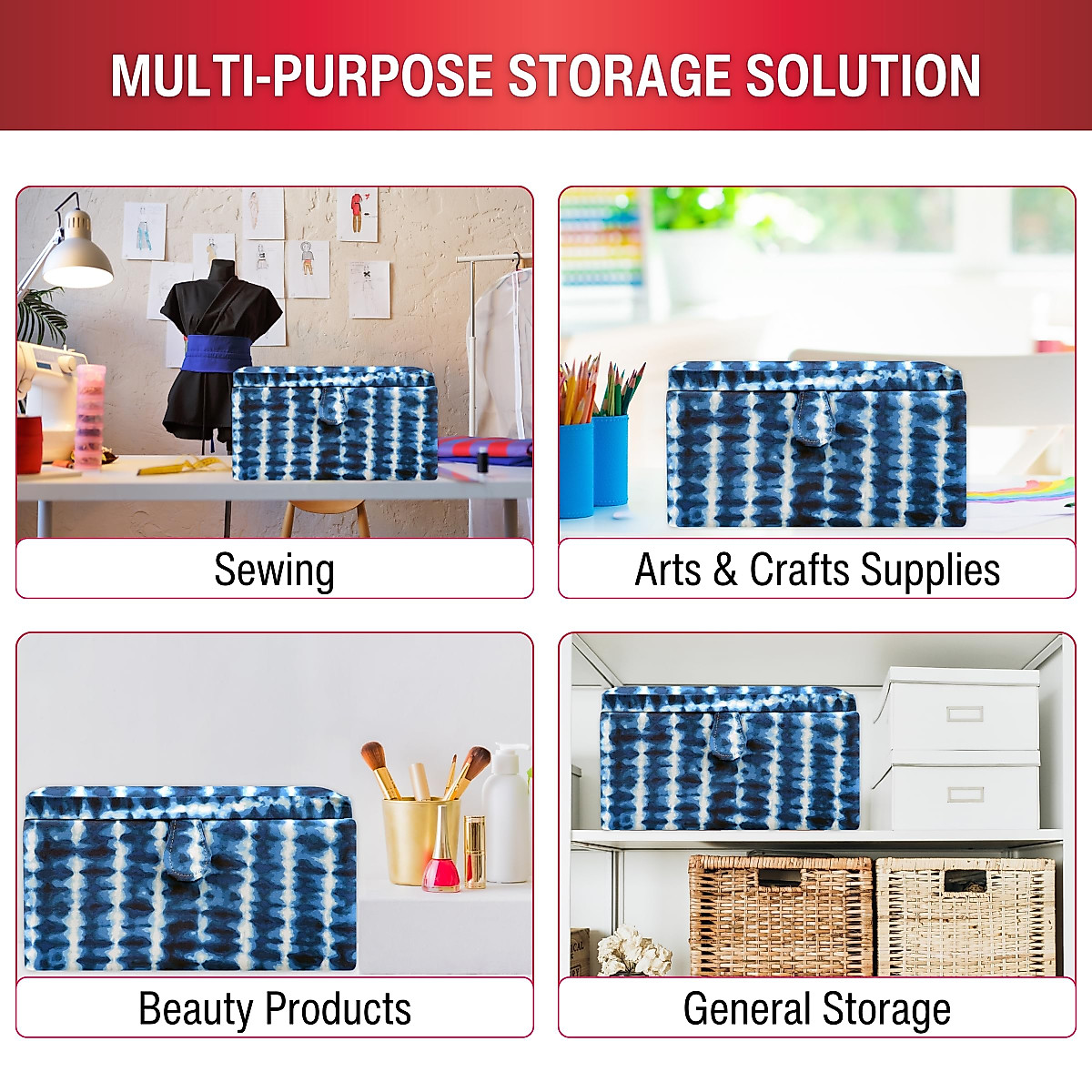 SINGER Large Sewing Basket with Notions & Matching Pin Cushion | Sewing Kit & Storage with Scissors, Tape Measure, Thread, & More (Blue Tie Dye)