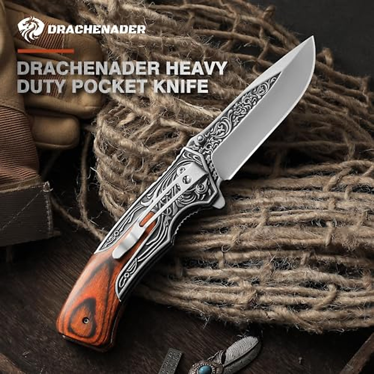 DRACHENADER Pocket Knife with Nylon Sheath and Clip, D-J34, Gift for Men, Christmas, Birthday, Father's Day, 8.7" 440C Stainless Steel Cool Folding Knife3D Retro Embossed Pattern, Boyfriend Gifts