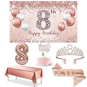 Trgowaul 8th Birthday Decorations Party Set for girls, Rose Gold 8 Birthday Banner and Tablecloth, 8 & Fabulous Sash and Tiara, 1PC Happy 8th Birthday Cake Topper, Pink Gold 8 Number Balloons