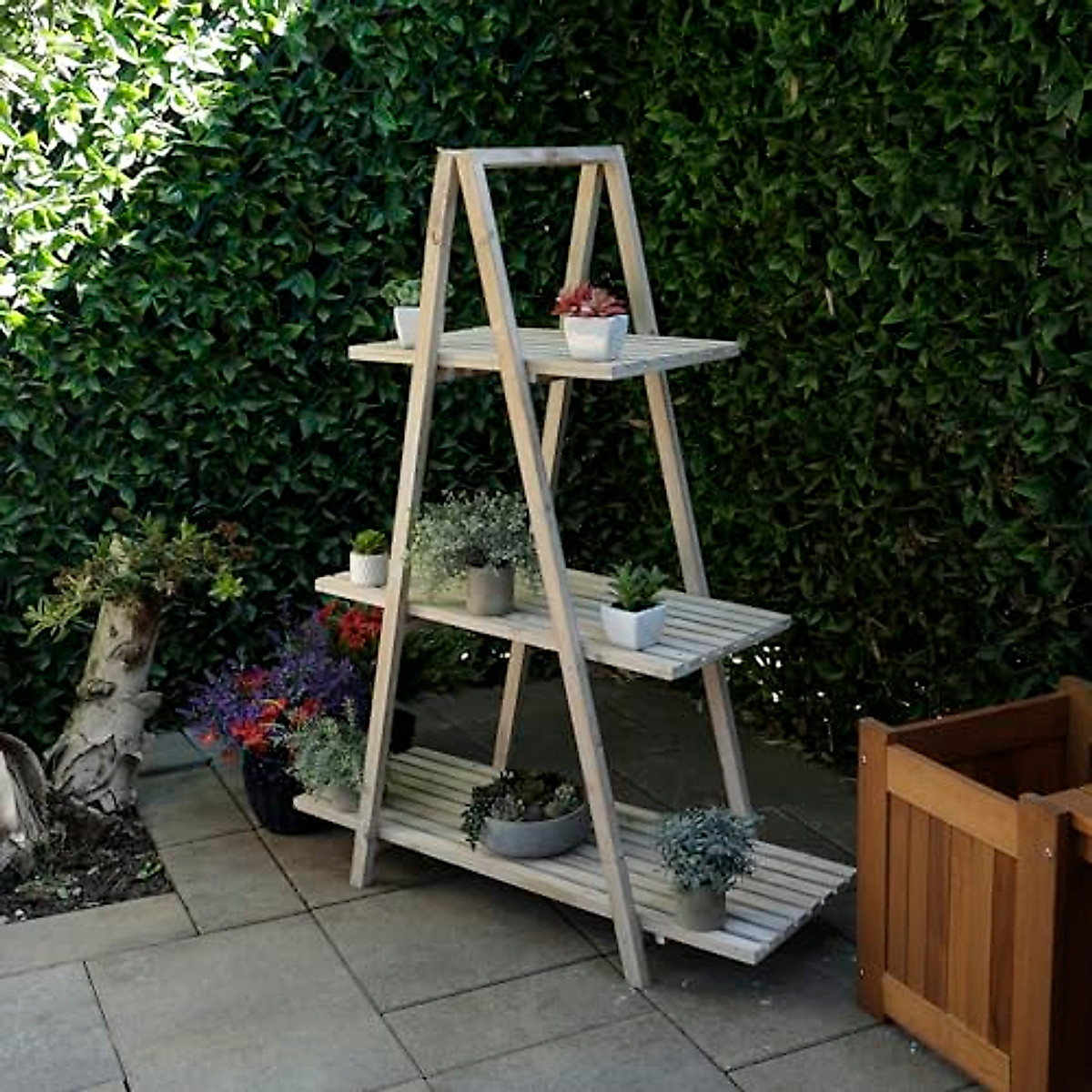 Alpine Corporation MBB168 Wood 3-Tier Triangular Storage Rack for Books, Plants, Decor, Rustic Display Rack with 3 Shelves