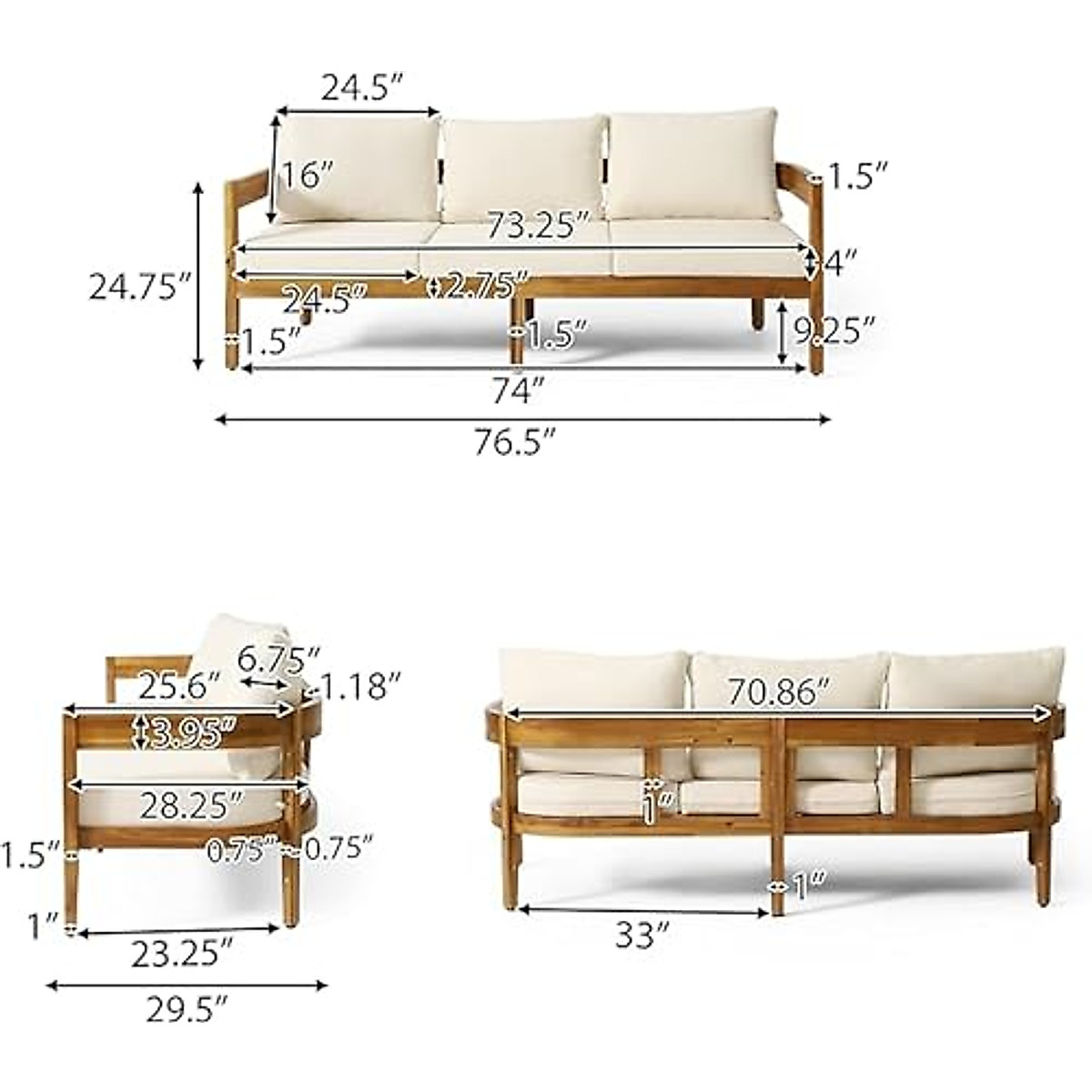 Merax 76.5" Outdoor 3 Seater Patio Sofa Acacia Wood Frame Conversation Set with Cushions