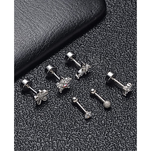 Tornito 18Pcs Cartilage CZ Stud Earrings Conch Forward Helix Tragus Daith Piercing Lip Rings Snake Butterfly Jewelry for Women Men 16G Silver Tone