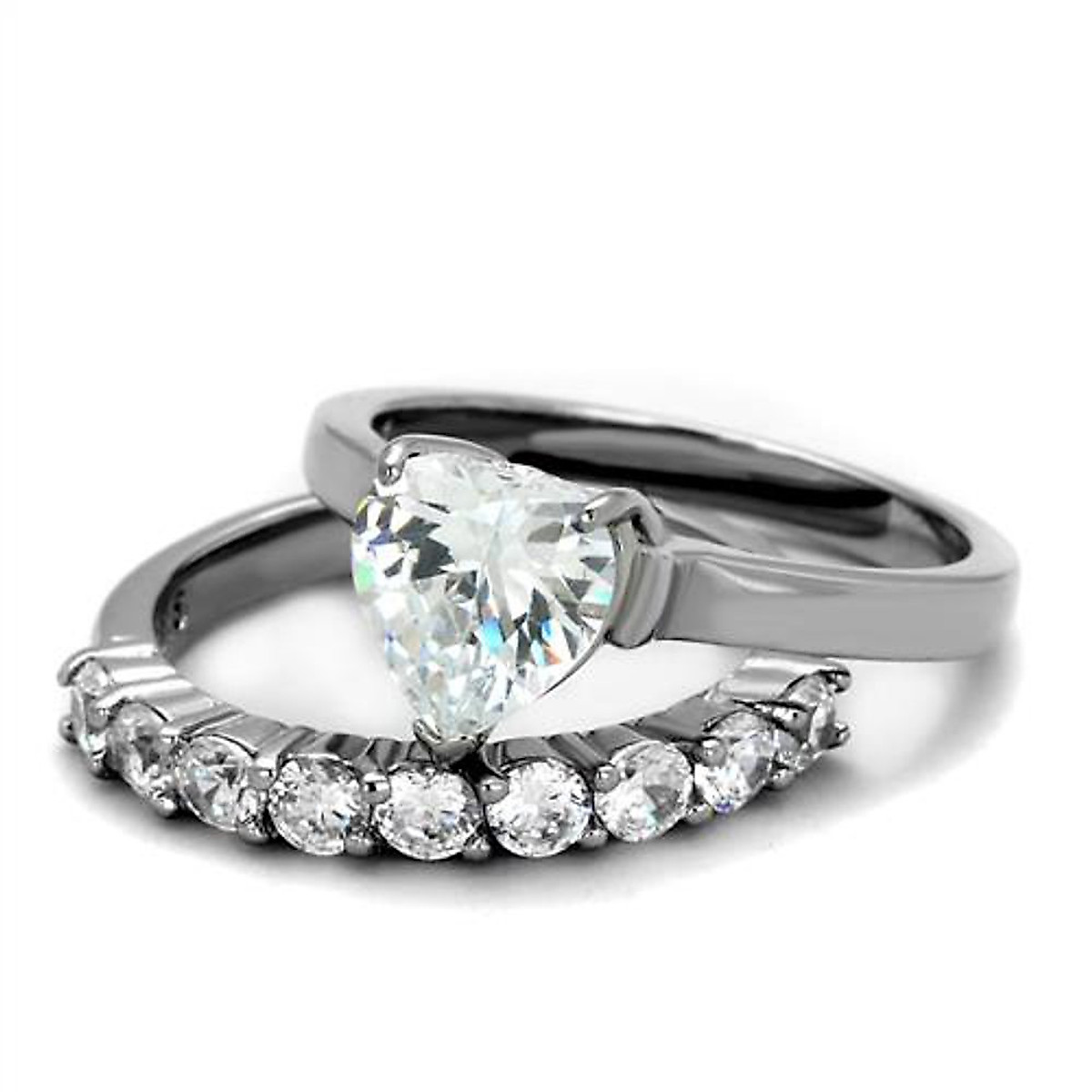 Marimor Jewelry 2.7 Carat Heart Cut Cubic Zirconia Stainless Steel Wedding Ring Set Women's Size 7