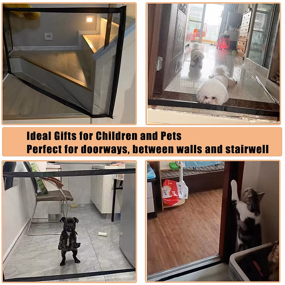 Mesh Gates for Kids or Pets, Magic Pet Gate for The House, Portable Baby Puppy Safety Fence Guard for Stairs and Doorways, Easy Install Anywhere, 43" W x 30" H, 8 Hooks