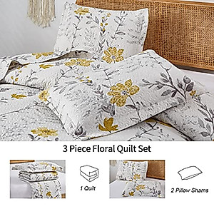 Quilt Set Queen Floral Bedspread Coverlet Queen Floral Quilts Bedding Spring Summer Lightweight Quilts Bedspread Reversible Bedding Grey Leaf Yellow Floral Quilt Collection Bedspread with Pillow Shams