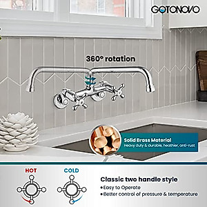 Wall Mount Kitchen Faucet Polish Chrome Double Cross Handle Commercial 3 Inch to 9 Inch Adjustable Hole Distance Spread Silver Mixer Tap 9 inch Spout Reach