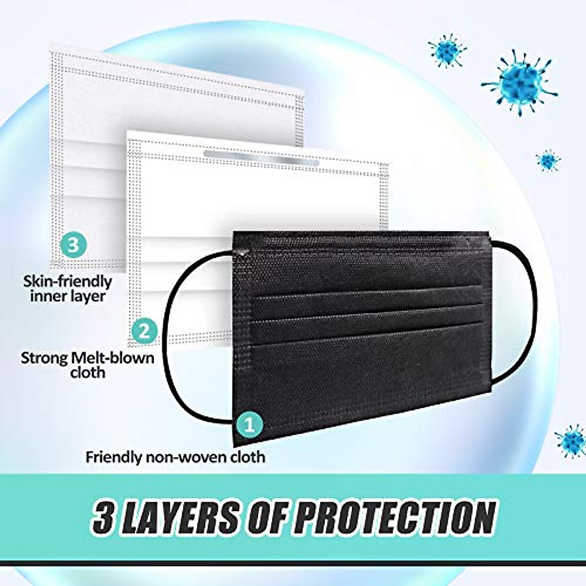 Black disposable face masks medical grade,3 layermasks disposable 50 pack