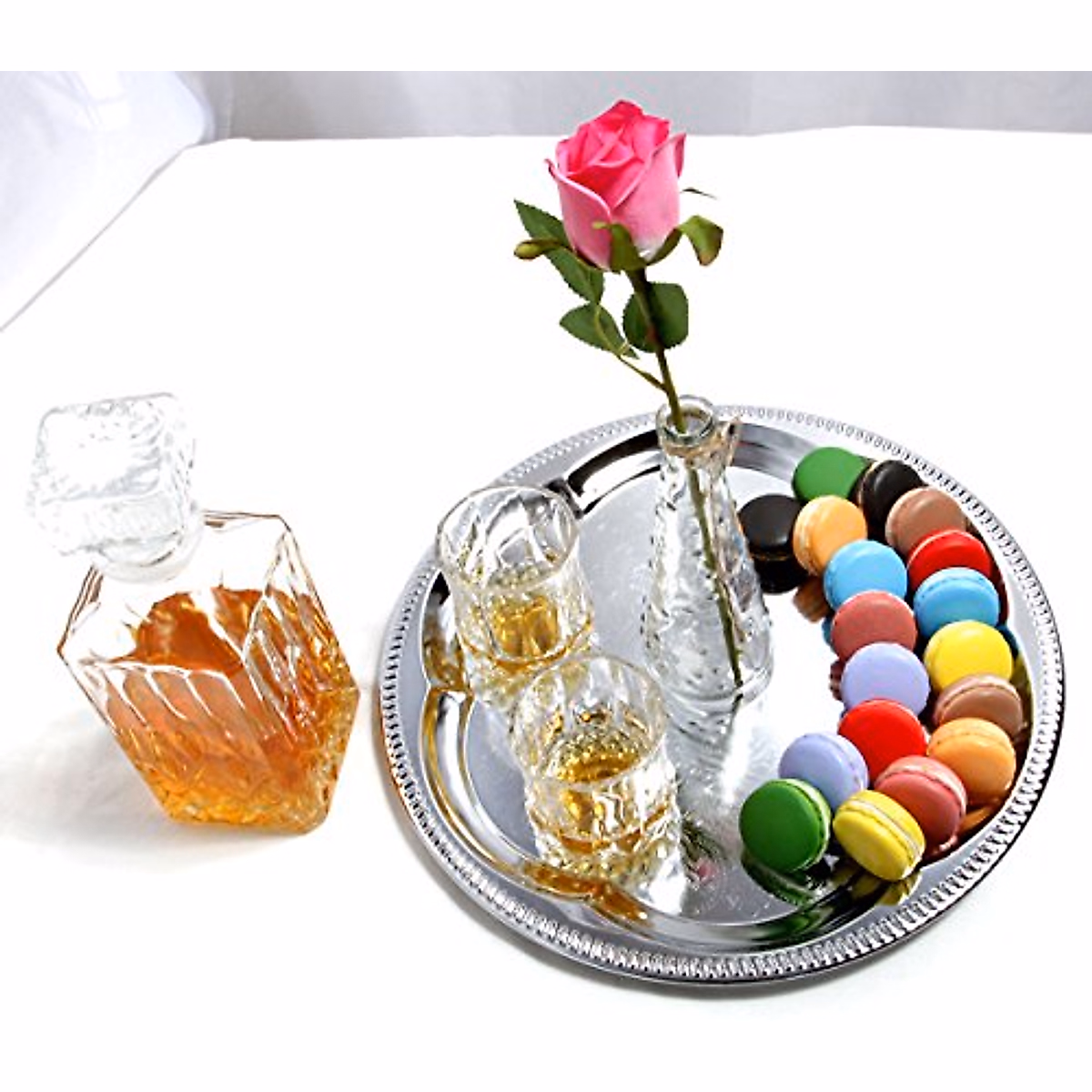 Maro Megastore (Pack of 4) 13.8-Inch Elegant Round Floral Pattern Engraved Catering Chrome Plated Serving Plate Mirror Tray Platter Tableware Holiday Wedding Birthday Party Deco Art (Medium) T226-4pk