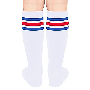 DOOVID Kids Soccer Socks Three Stripes Knee High Socks Cotton Sports Socks Toddler Boys Girls Uniform Tube Socks White Blue Red