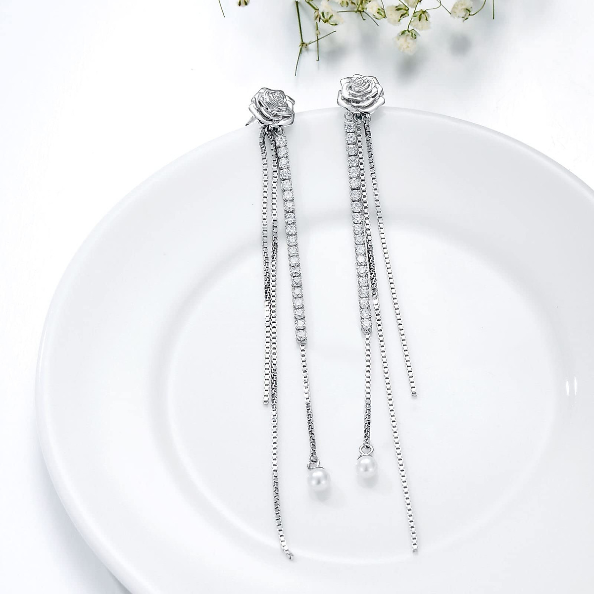 POPKIMI Rose Flower Earrings 925 Sterling Silver Dangle Drop Hook Earrings Birthday Gifts for Women Women Earrings Love Heart Rose Flower Earrings Christmas Birthday Gifts (Silver)