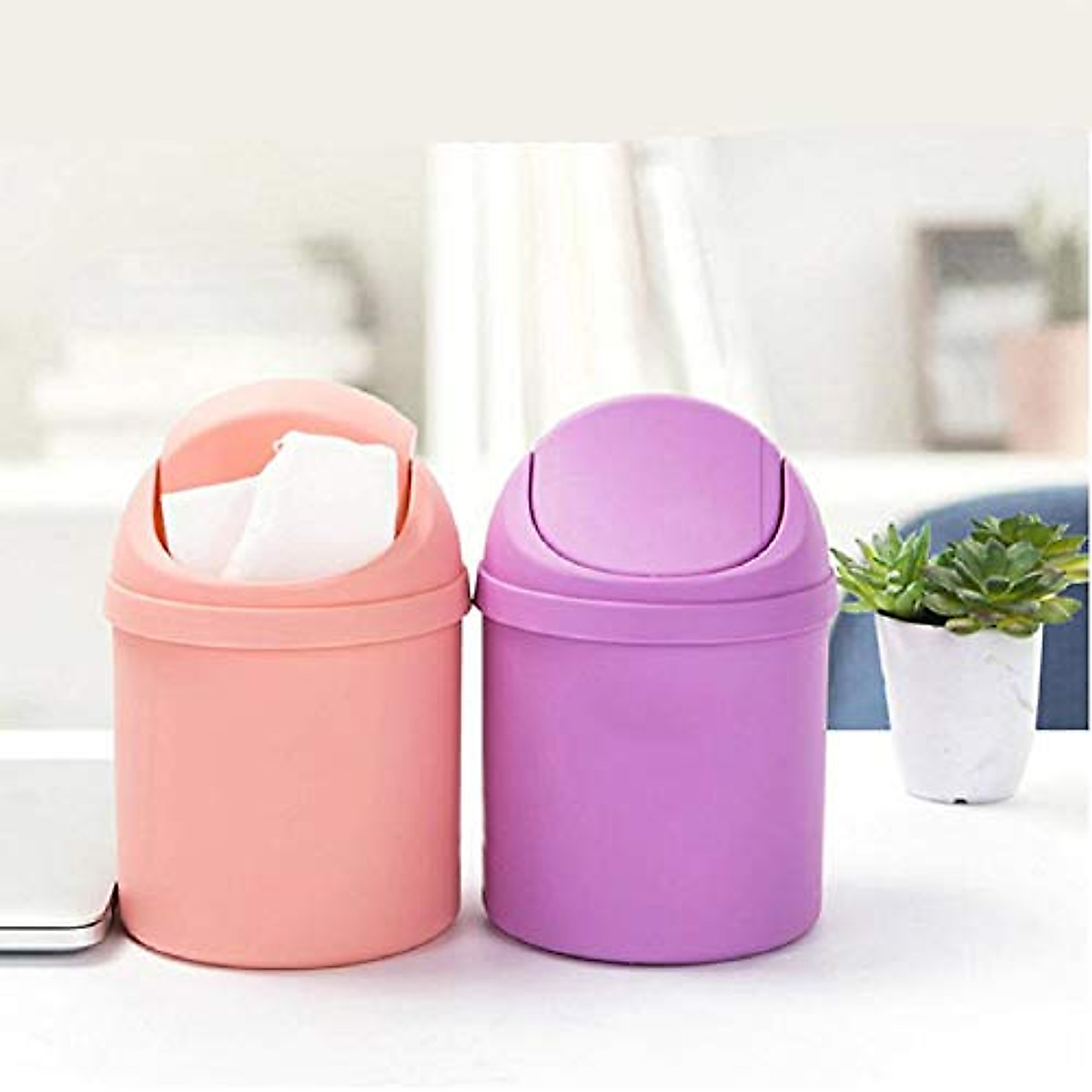 Bonlting 2Pcs Mini Table Trash Can Plastic Small Tiny Desktop Wastebasket Trash Can with Swing Lid for Bathroom Vanity Countertop or Table(Pink Purple)