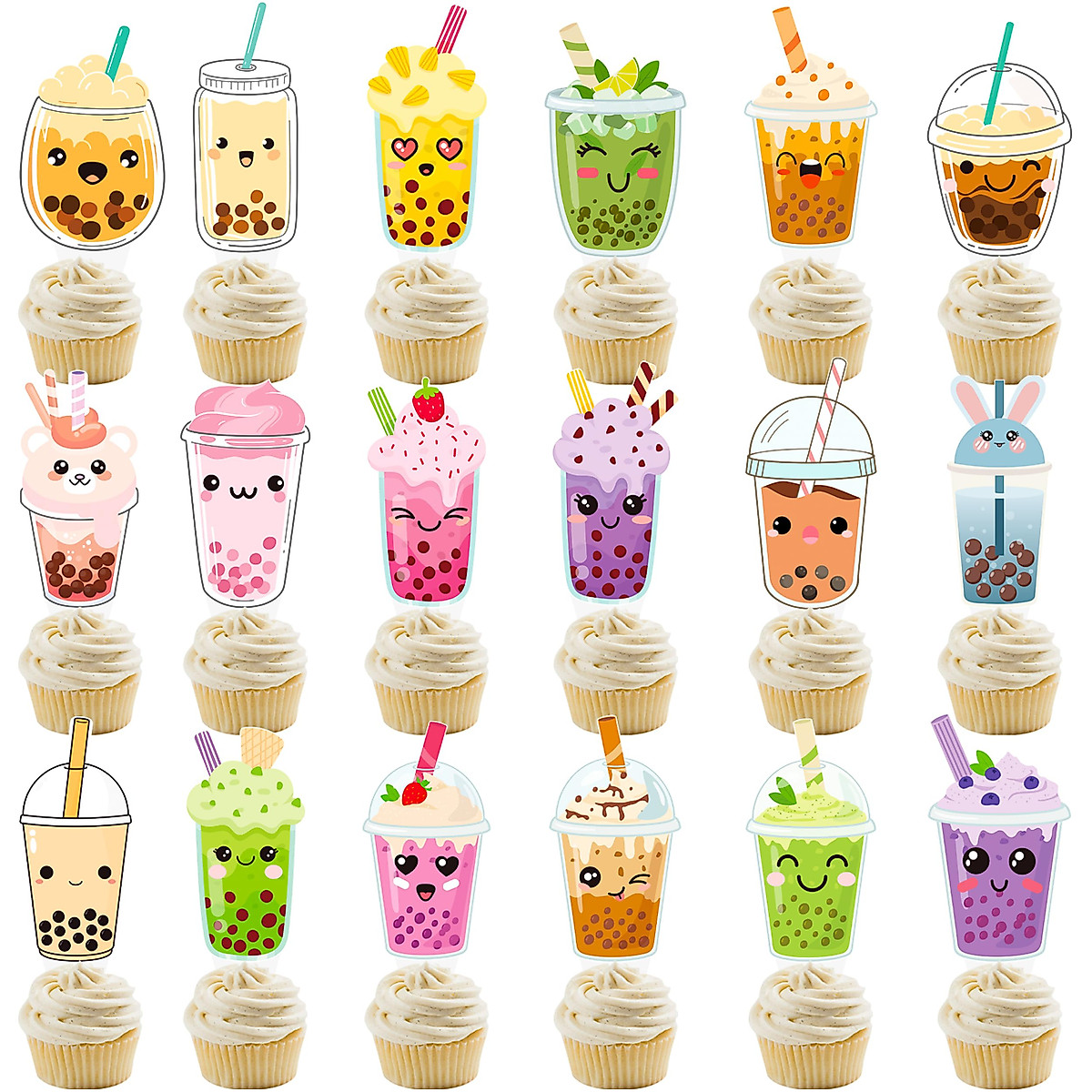 Bubble Tea Cupcake Toppers 48Pcs Boba Tea Themed Birthday Party Decorations Bubble Milk Tea Cake Cupcake Topper Decorations for Pearl Milk Tea Theme Birthday Baby Shower Party Supplies