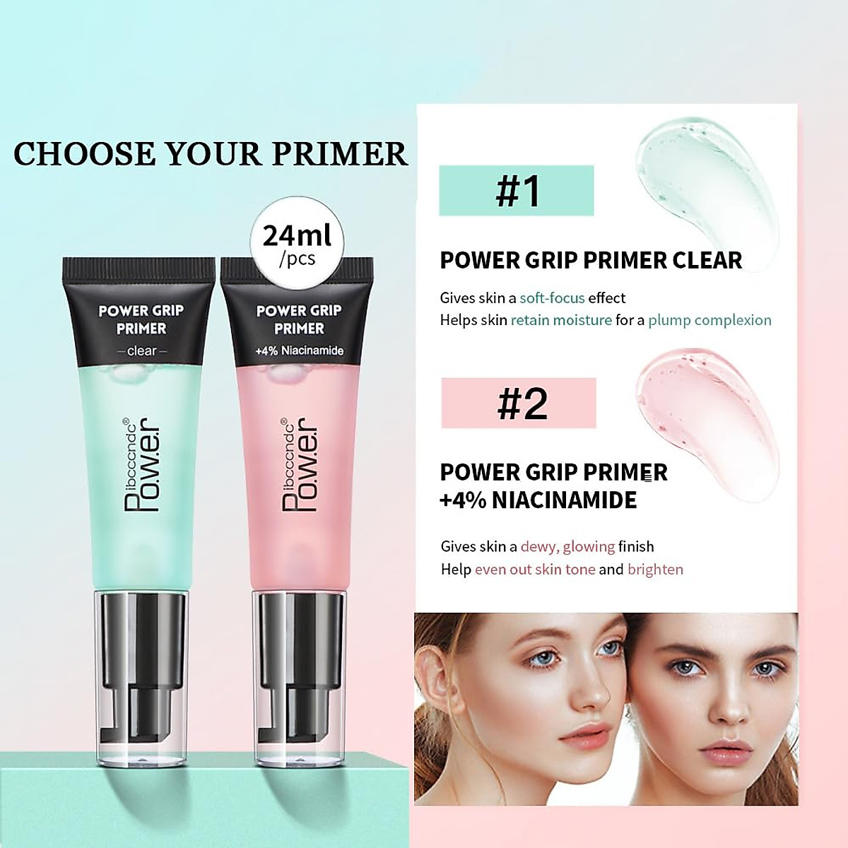 2 Pcs Power Grip Primer for Face Foundation,Hydrating Base Face Primer Gel Long-Wear Primer Foundation Face Moisturizes Makeup for Oily and Dry Skin (Evens Skin Tone+Hydrates Skin)