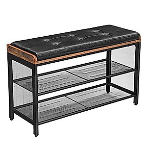 VASAGLE Padded Storage Bench with Mesh Shelf, Shoe Rack, Metal Frame, Easy Assembly, Space Saving, Imitation Leather, 31.5”L x 11.8”W x 18.9”H (80 x 30 x 48 cm), Rustic Brown
