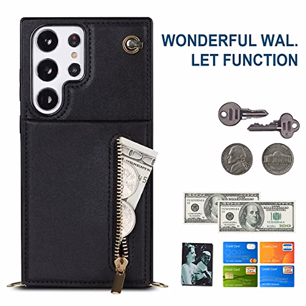 Tncavo Crossbody Wallet Case for Samsung Galaxy S23 Ultra for Women, RFID Blocking Card Holder PU Leather Zipper Handbag Purse Phone Cover with Lanyard Strap for Samsung Galaxy S23 Ultra XKL Black