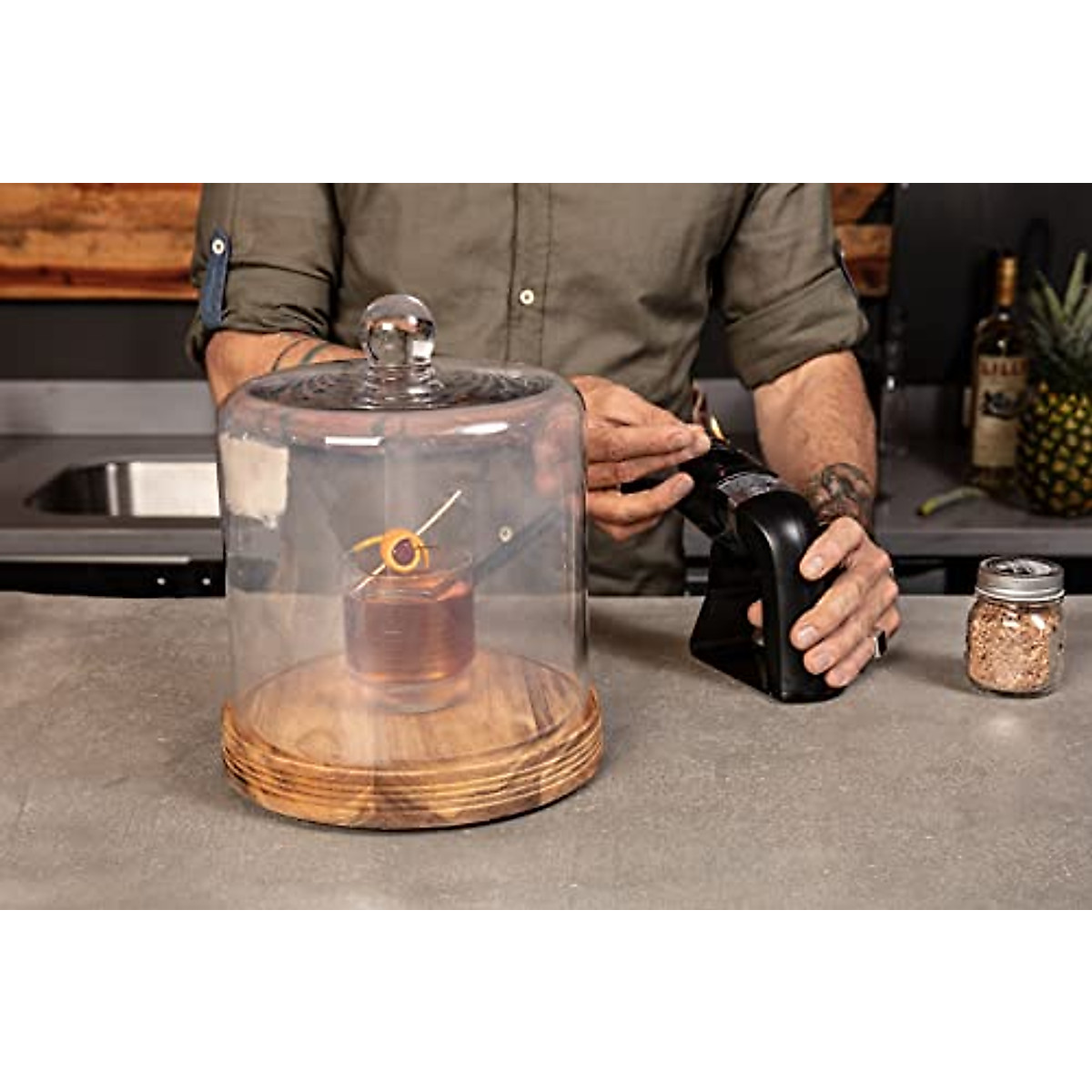 Crafthouse by Fortessa Classic Glass Smoke Cloche for Cocktails/Charcuterie/Drinks/Food with Handheld Smoker and Chips