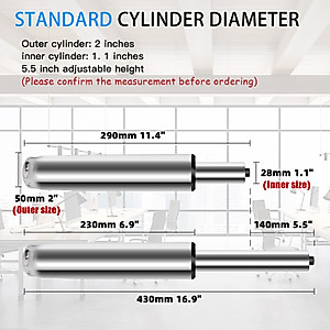 5.5 inch Office Chair Cylinder Replacement,Heavy Duty Gas Lift Cylinder for Office Desk Chairs/Gaming Chair,Gas Lift Hydraulic/Pneumatic Piston, Universal Size (Silver)
