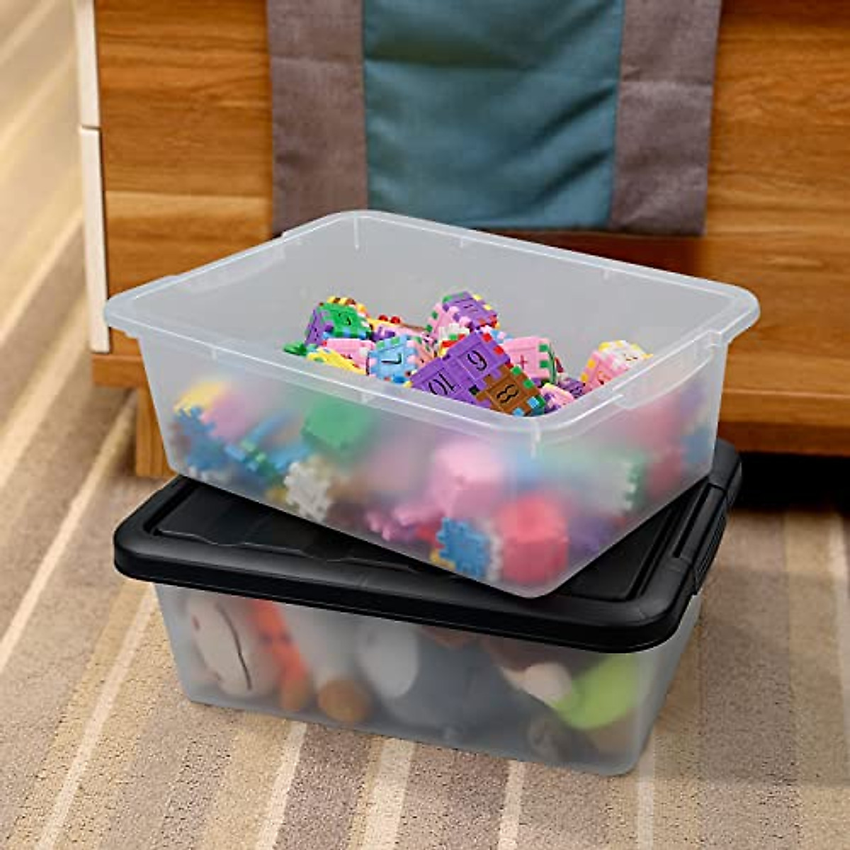 Teyyvn 14 L Clear Storage Box, 2-Pack Plastic Storage Bin with Black Lid