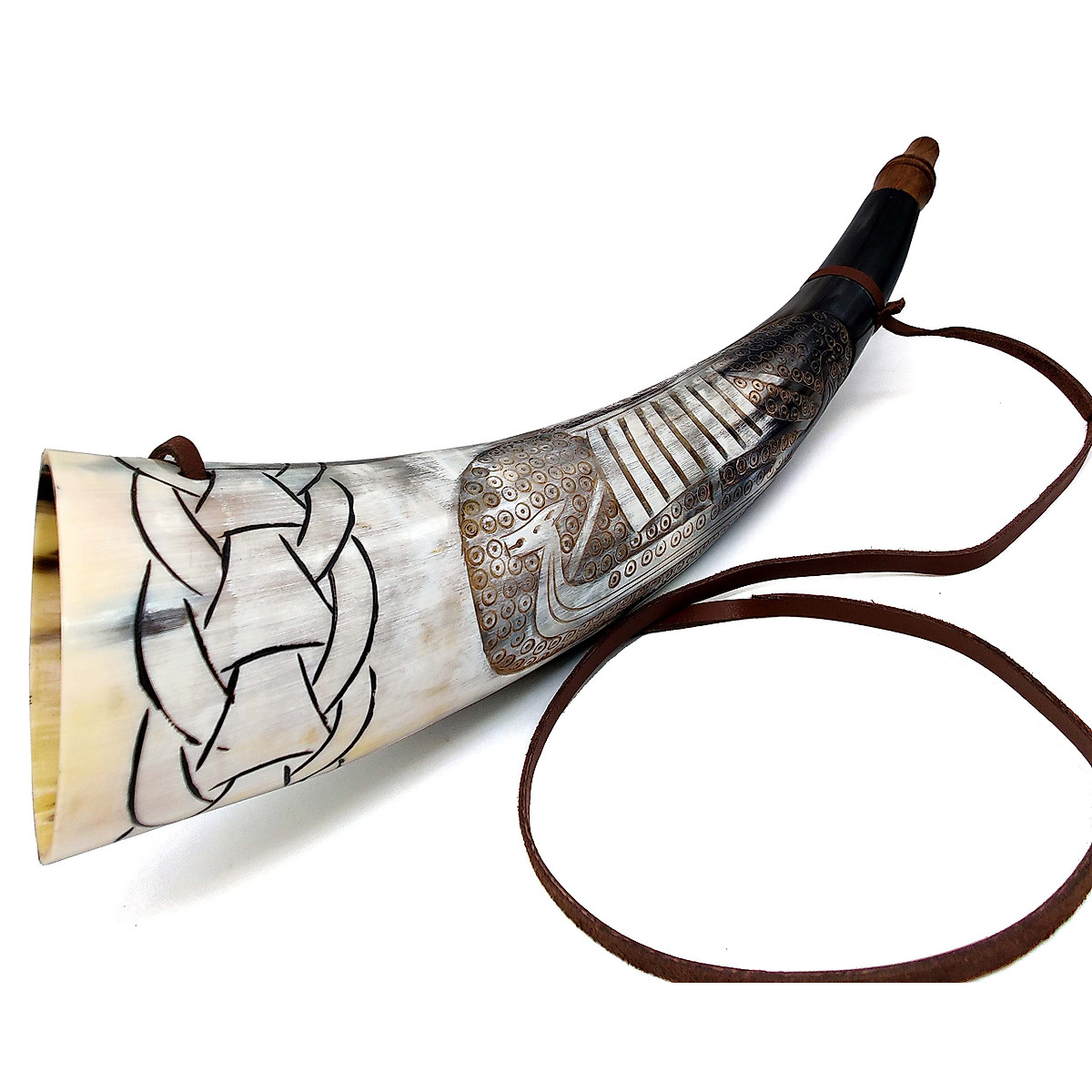 Viking War Horn - 16" Genuine Ox-Horn Battle Trumpet - Premium Hand Engraved BOAT Horn Viking Norse Cattle Ancient Horn Bugle Hunting Tool BATTLE HORN BLOWING HORN VIKING BUGLE HORN With Wooden Stand