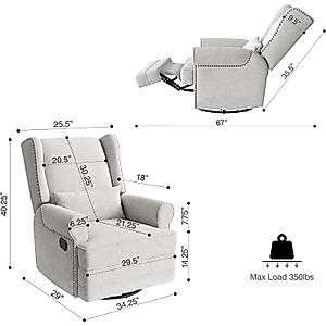 FansaFurn Recliner Comfy Upholstered Glider Lumbar Pillow and Footrest, Swivel Rocking Chair for Living Room, Grey
