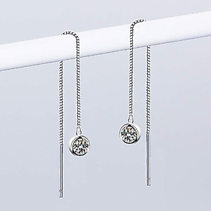 Women 925 Sterling Silver Brilliant Round Cut CZ Needle Threader Pull Through Dangle Earrings