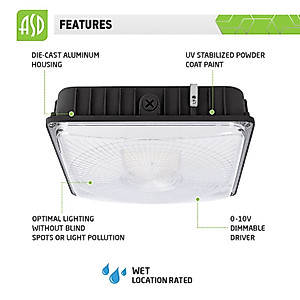 ASD LED Canopy Light 100W UL & DLC Listed, led Canopy Lights Outdoor and Indoor, Dimmable 0-10V, 12050lm, 5000K, 11"x11", 120-277V, IP65, -4℉—104℉, Brown