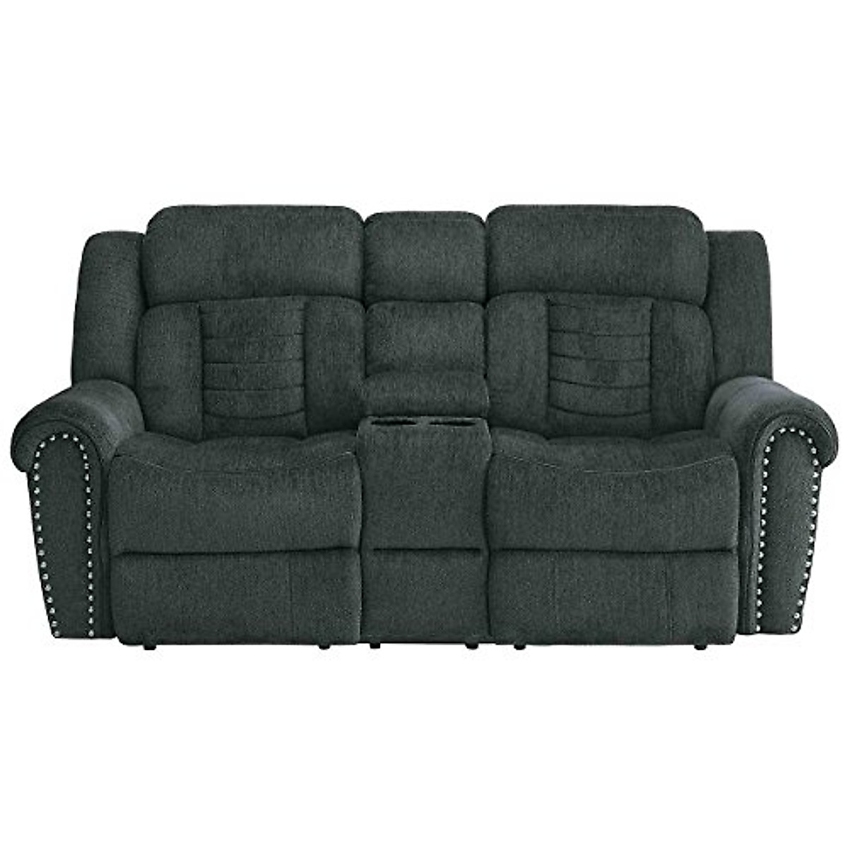 Homelegance Nutmeg Upholstered Double Reclining Loveseat with Console, Charcoal Gray