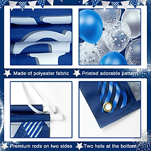 Avezano Happy Anniversary Door Banner Navy Blue Silver Anniversary Porch Signs Welcome Hanging Banner for Wedding Anniversary Party Decorations