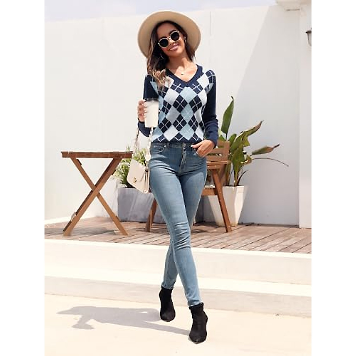 ZAFUL Women's Argyle Sweater V-Neck Cropped Sweater Long-Sleeve Plaid Sweater Pullover Jumper Knit Top (1-Cobalt Blue,S)