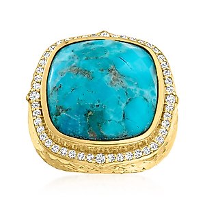 Ross-Simons Turquoise and .70 ct. t.w. White Zircon in 18kt Gold Over Sterling. Size 8