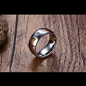 Epinki Wedding Rings Silver, 8MM Tungsten Ring with Wood Inlay White Round Cubic Zirconia Band Ring 2PCS Couple Rings Women Size 8 & Men Size 12