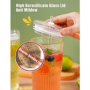 NiHome High Borosilicate Glass Tumbler Cup with Lid and Straw, 22oz Clear Iced Coffee Glass Cups Drinking Jars Glasses Smoothie Tea Cup with Straws, Wide Mouth Water Tumbler With Muffler Ring - 2 Pack