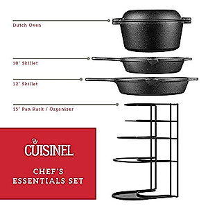 Cast Iron Cookware 8-Pc Set - Pre-Seasoned 10"+12" Skillet + 5-Quart Double Dutch Oven + Pan Rack Organizer + Silicone Handle Cover Grips + Scraper/Cleaner- Stovetop, Grill, BBQ, Indoor/Outdoor Use