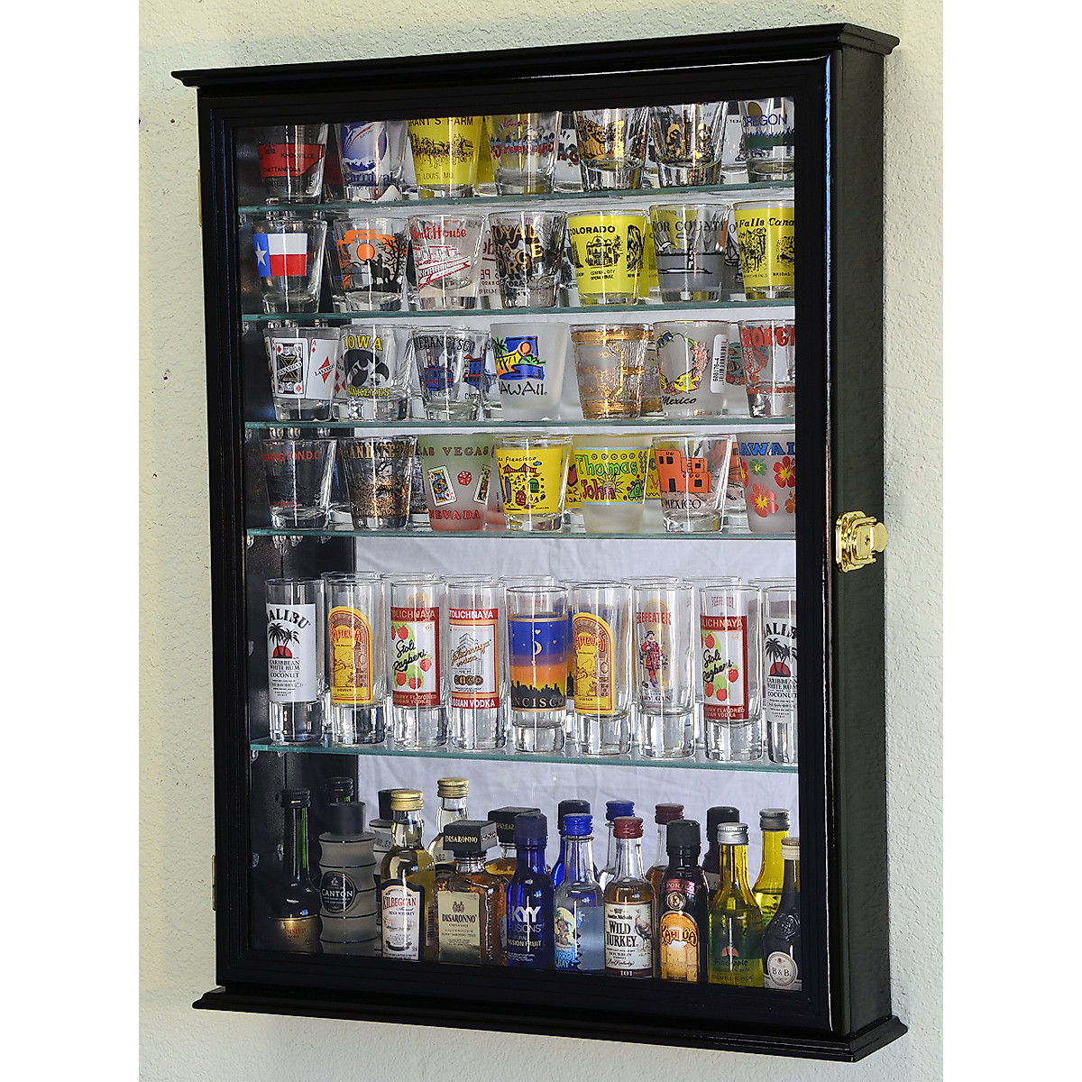 Large Mirror Backed and 7 Glass Shelves Shot Glasses Display Case Holder Cabinet , Black