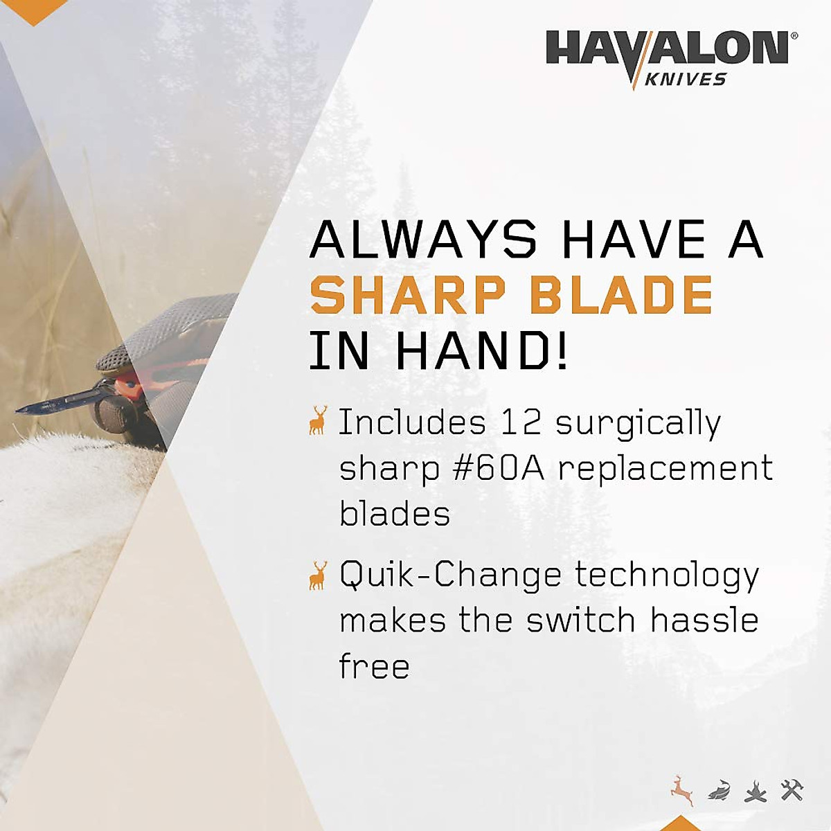 Havalon Piranta-Edge - Outdoor Knife + 12 Replacement Blades, Sharp Skinning Knives for Hunting, Fishing, Deer & Survival, Orange