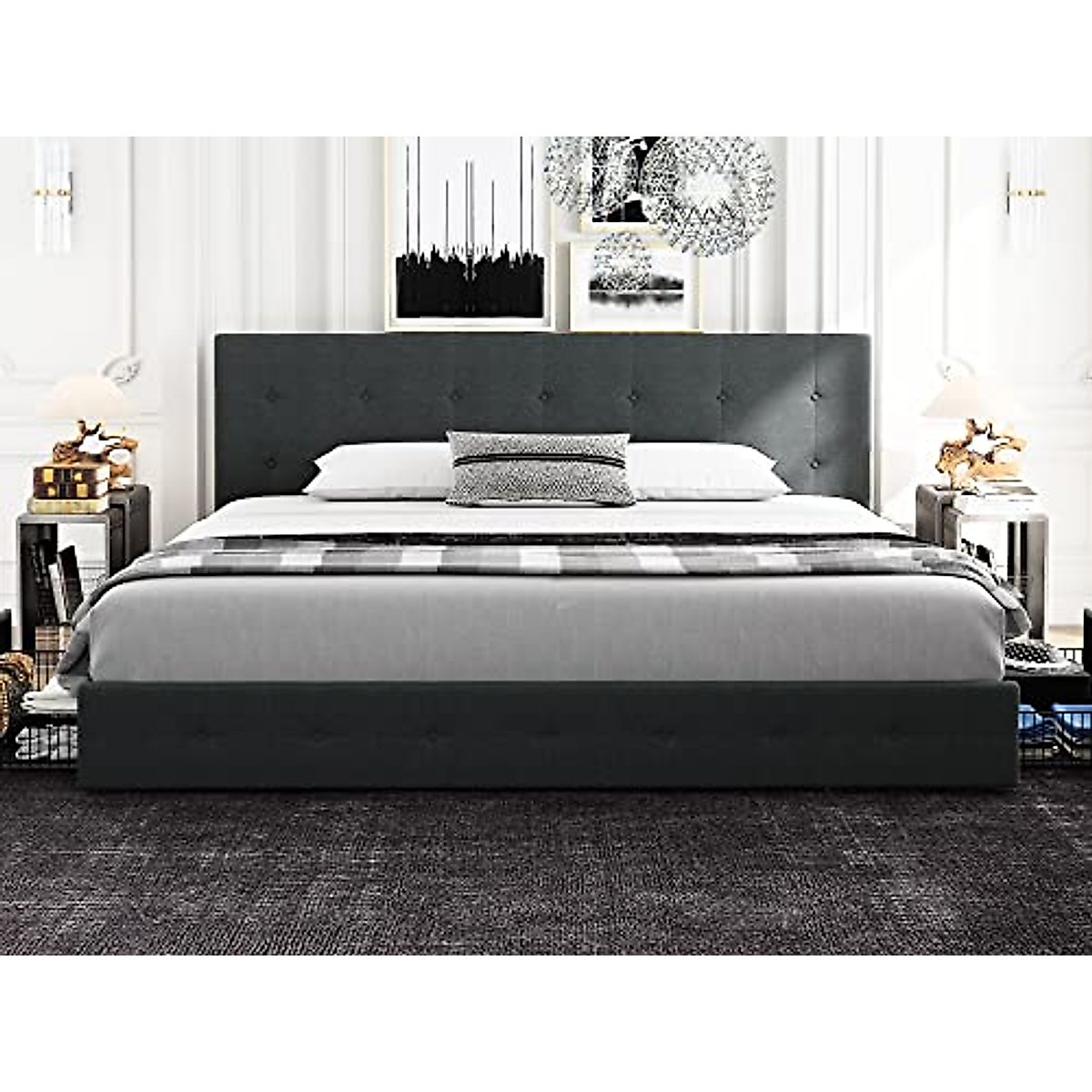 HOOMIC King Size Platform Bed Frame with 4 Storage Drawers, Adjustable Headboard, Square Stitched Button Tufted Design with Wooden Slats, No Box Spring Needed, Dark Grey