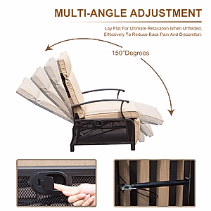 Domi Adjustable Patio Recliner Chair Metal Outdoor Lounge Chair with Flip Table Push Back, Adjustable Angle, Removable Cushions, Support 350lbs, Beige