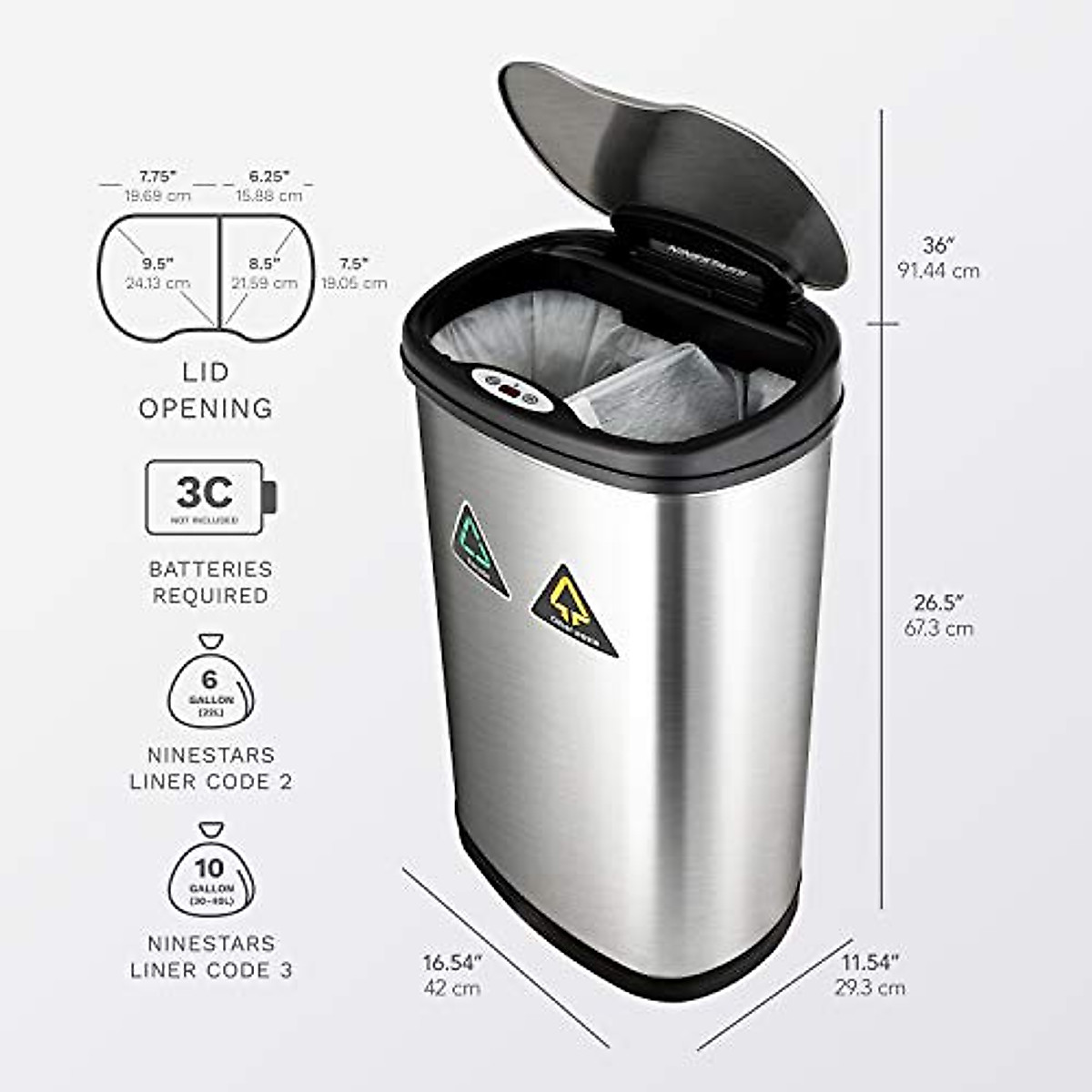 NINESTARS DZT-50-13R Automatic Touchless Infrared Motion Sensor Trash Can/Recycler, 13 Gal 50L, Stainless Steel Base (Oval, Black/Silver Lid)