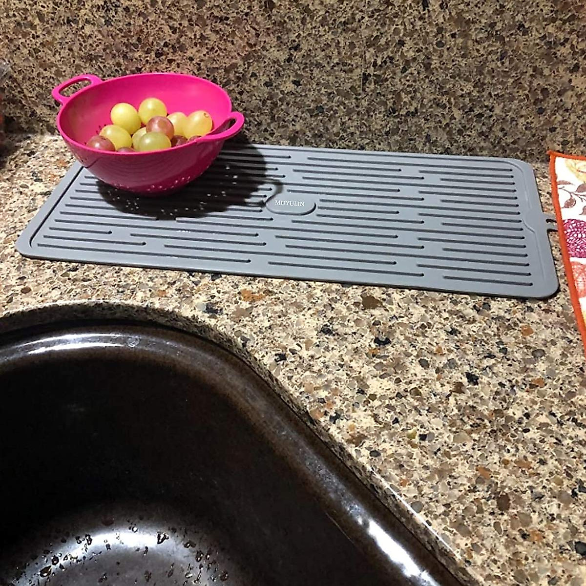 Dish Mat Silicone Dish Drying Mats Works For Drying Stemware Cocktail Glasses Silverware Pots Pans Knives and Dish Rack for Kitchen Counter Sink Bar Pads Easy to Clean 17.3"*7.9"*0.2" (Gray)