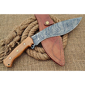HUNTEX Handmade Hand-Forged Twist Pattern Damascus Steel 15 Inch Long Full Tang Natural Oak Wood Handle Razor Sharp Hunting Camping Kukri Knife w/Genuine Leather Sheath