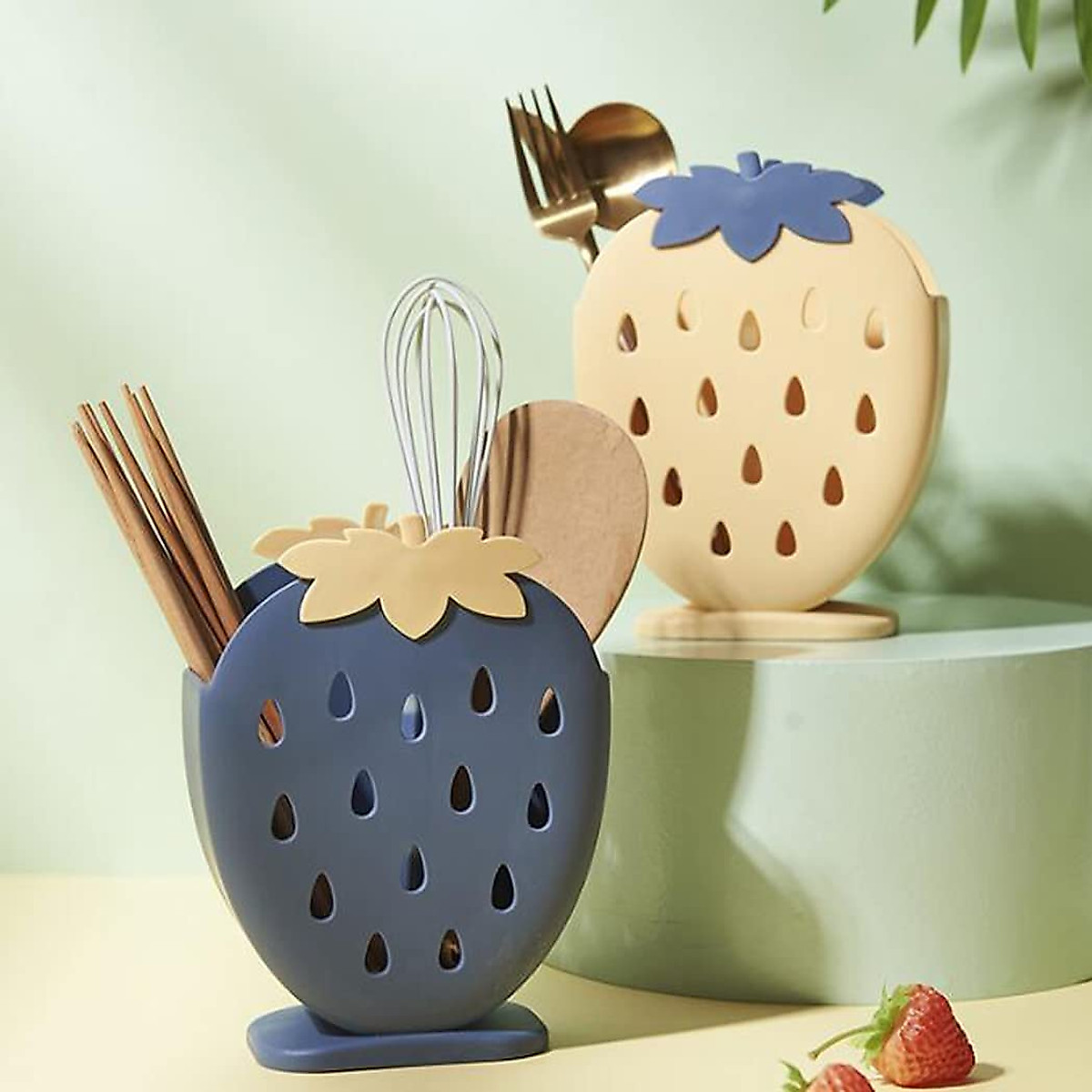 Hoshen Household Tableware /kitchenware Storage Cage, Kitchen Standing Chopstick Cage, Double-Compartment Drain Chopstick Cage，Strawberry Shape，Dark Blue