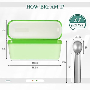 2 Pcs Reusable Ice Cream Containers with Lids and a Scoop 1.5 Quarts Plastic Rectangle Dessert Storage Tubs Homemade Ice Cream Storage Containers for Freezer Kitchen Refrigerator (Orange,Green)
