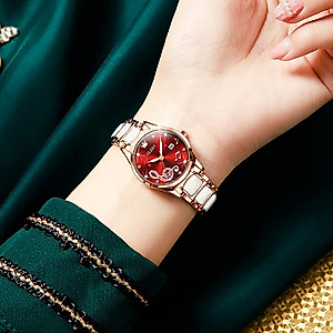 OLEVS Women's Watch Bracelet Designer Fashion Watch Ceramic Note Rose Gold Luxury 3ATM Date Waterproof Luminous Wine Red Dial Valentine's Day Present Quartz