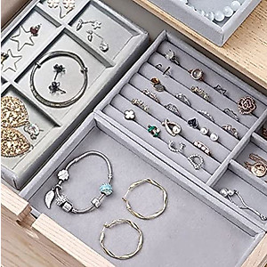 Philopack 3PCS Stackable Jewelry Organizer Trays-Drawer Storage Box Velvet Display Holder for Necklace Earring Bracelet Watch (Grey)