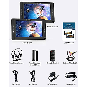 WONNIE 10.5" Dual Portable DVD Player for Car, Headrest Kids CD Players with Two Headphones Built-in 5 Hours Rechargeable Battery, Support USB/SD/MMC,AV Out & in,Regions Free (1 Player+1 Monitor)