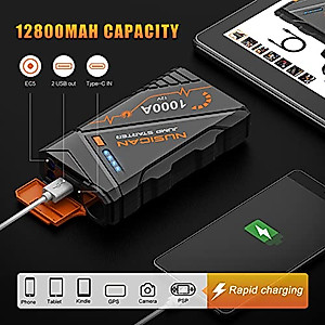 NUSICAN Car Jump Starter Portable, 1000A Peak Battery Charger Jumper Starter for up to 7L Gas or 5.5L Diesel Engine, 12V 12800mAh Lithium Battery Booster Jump Box with Smart Clamp Cables, LED Light