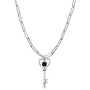 Gem Stone King 0.48 Ct Round Black Onyx 925 Sterling Silver Heart Key Pendant with 3.25mm Paperclip Link Chain 18 inch with 2 inch Extender