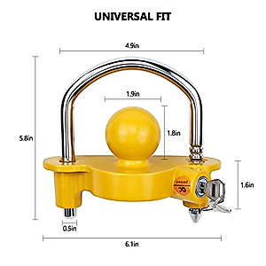 Cenipar Universal Trailer Hitch Security Adjustable Lock Tow Ball Coupler,Heavy-Duty Steel Fits 1-7/8”,2”,2-5/16” Couples (Yellow)