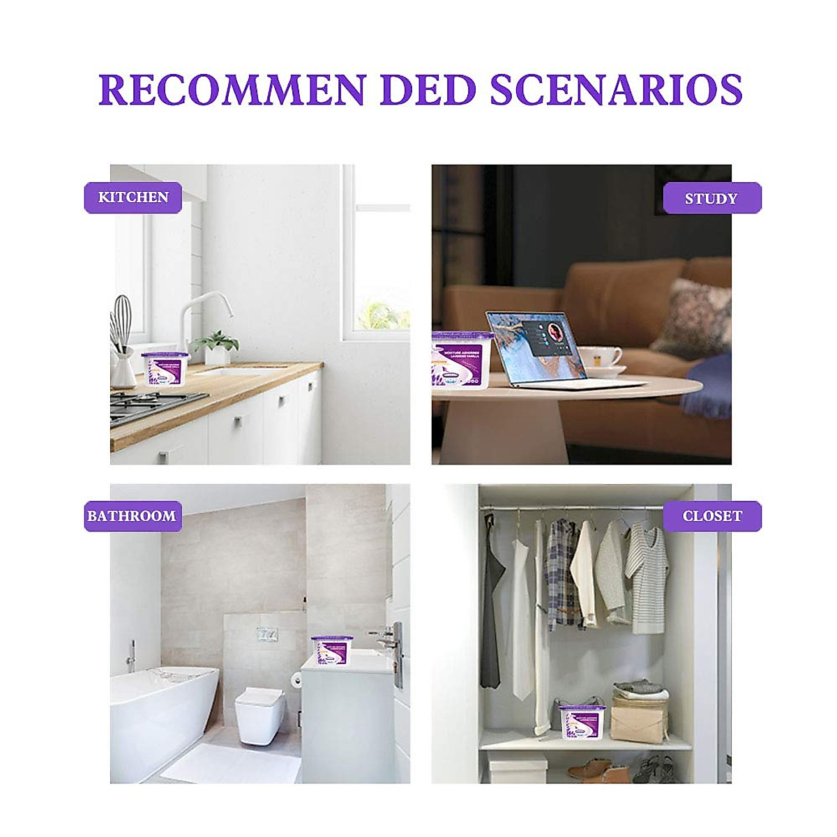 CANAGER Lavender Vanilla Moisture Absorber Box,Odor Eliminator and Dehumidifier Boxes for Closet,Bedroom,Kitchen,Bathroom-6 Packs,Cups - Traps Moisture for Fresher, Cleaner Air Purple